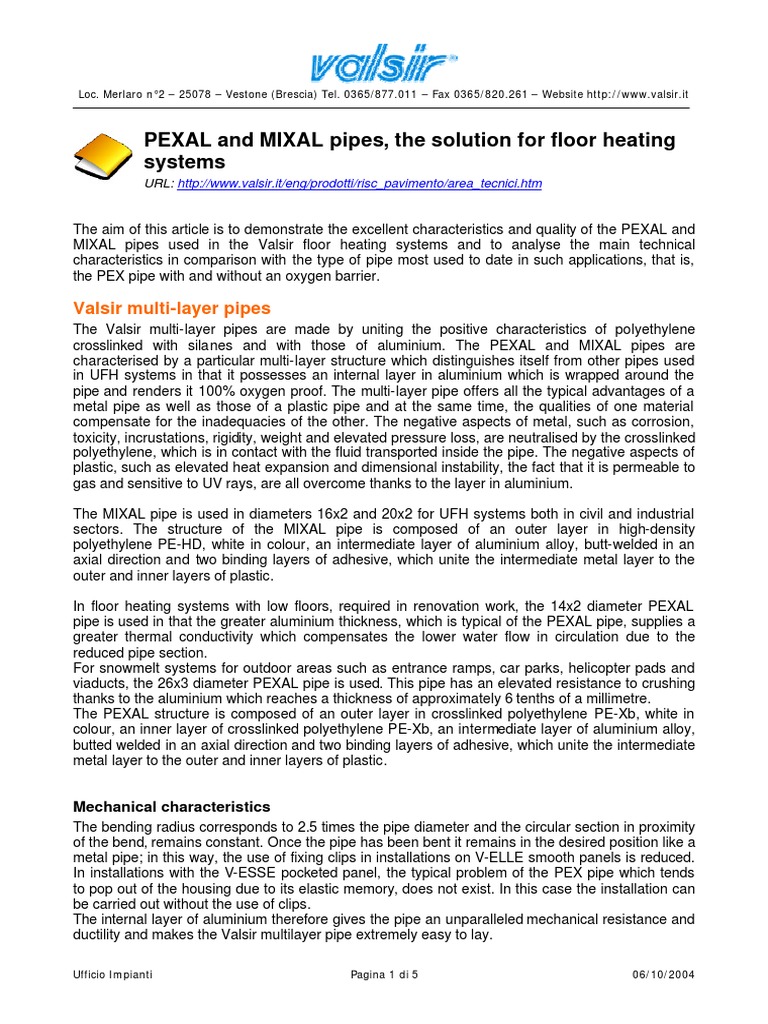 PEXAL and MIXAL Pipes, The Solution For Floor Heating Systems | PDF ...