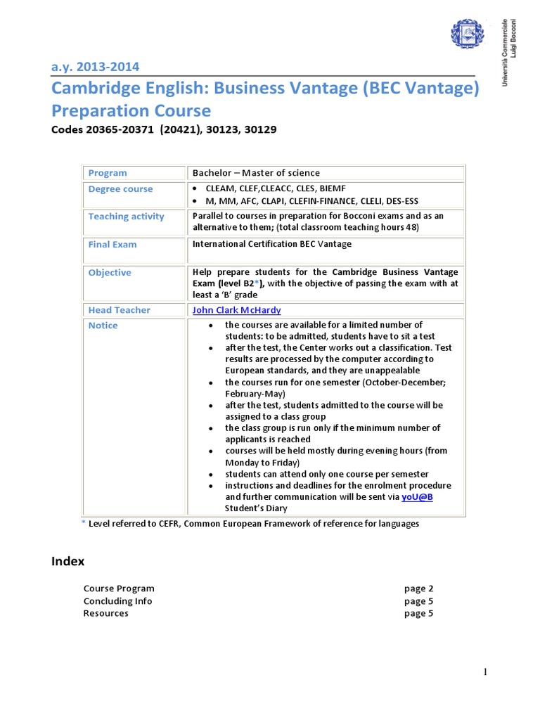 Cambridge English Business Vantage (BEC Vantage) Preparation | PDF ...