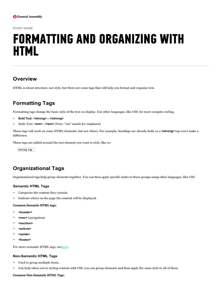 Formatting and Organizing With HTML | PDF