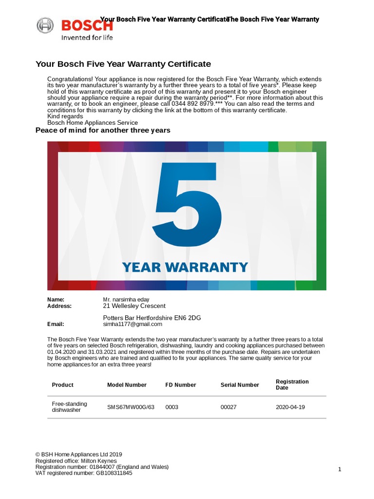 Your Bosch Five Year Warranty Certificate | PDF | Business