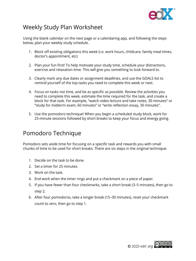 Weekly Study Plan Worksheet | PDF