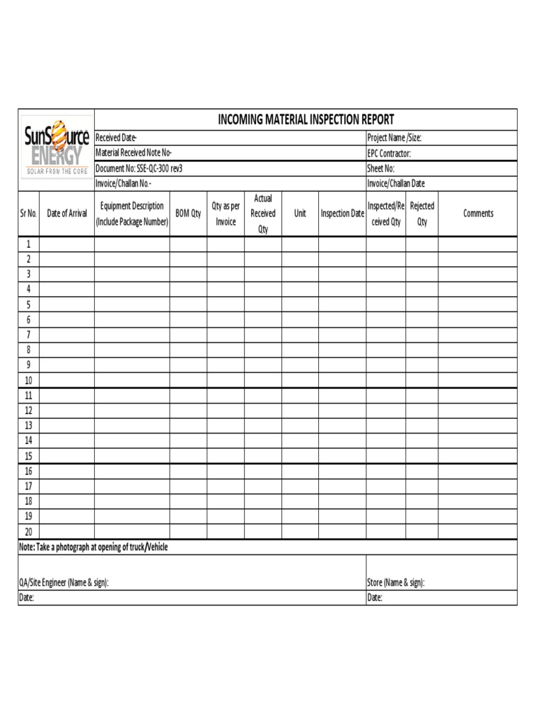 SSE-QC-ELE - 500 - Incoming Material Inspection Report PDF | PDF
