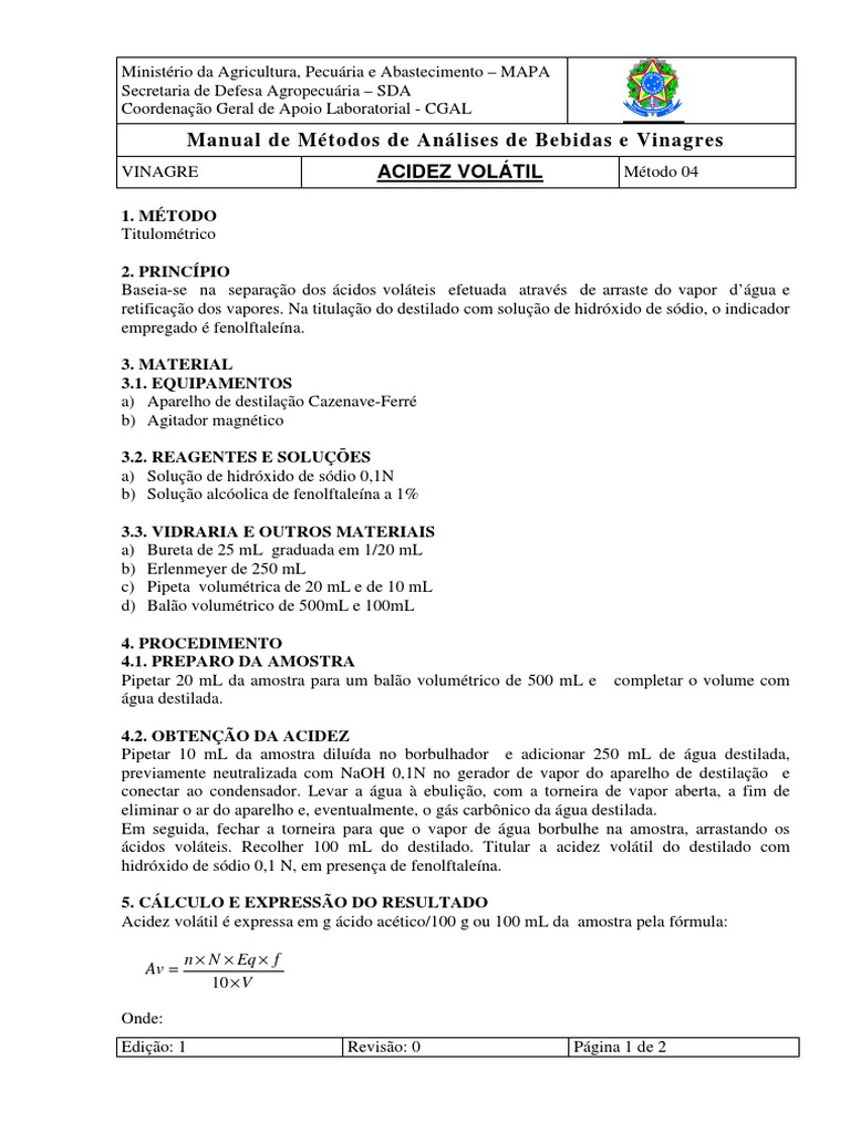 Análise de Acidez Volátil em Vinagre | PDF | Ácido | Titulação