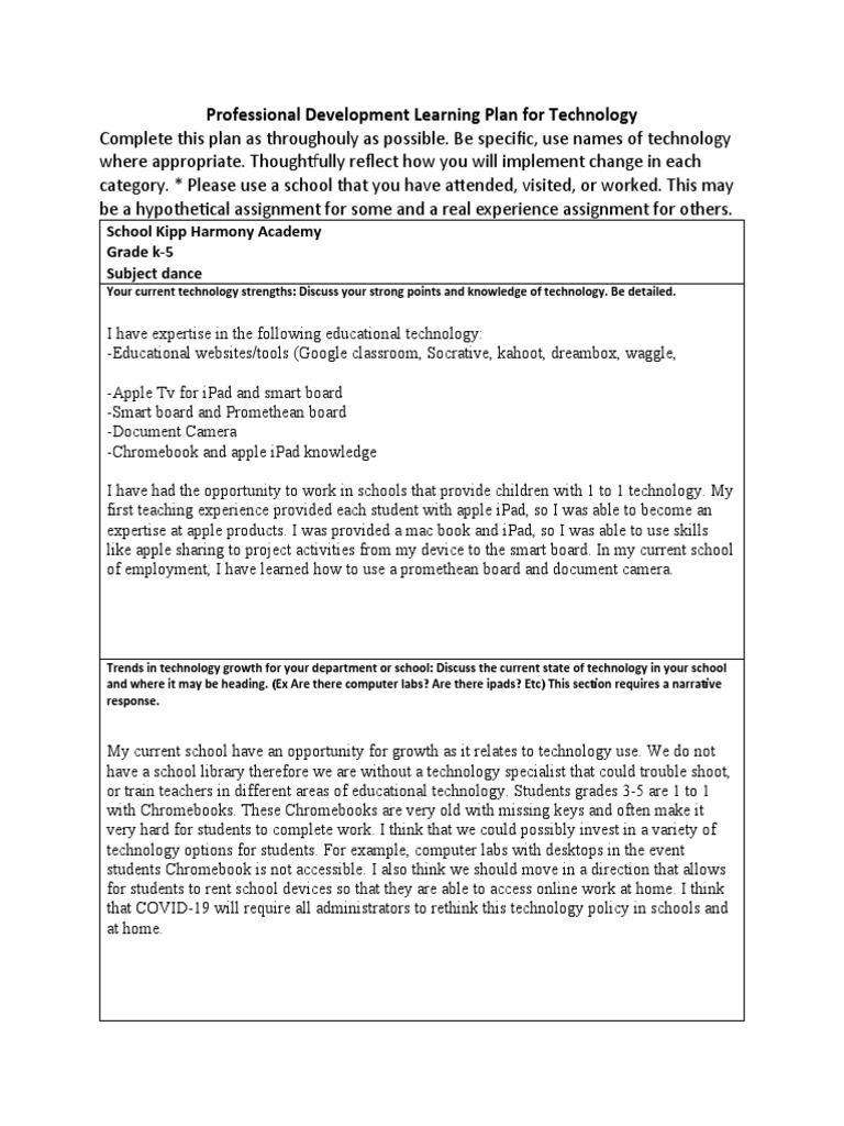 Professional Development Learning Plan For Technology: School Kipp Harmony Academy Grade k-5 ...