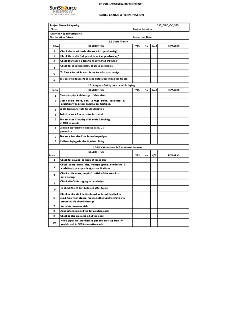 Cable Laying & Termination Checklist | PDF | Electrical Connector | Equipment