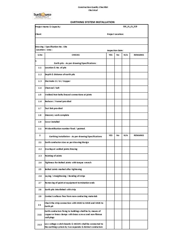 Earth Pit Installation Checklist | PDF | Electrical Conductor ...
