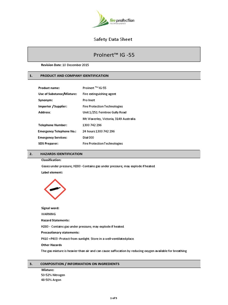 Proinert™ Ig - 55: Safety Data Sheet | PDF | Firefighting | Breathing