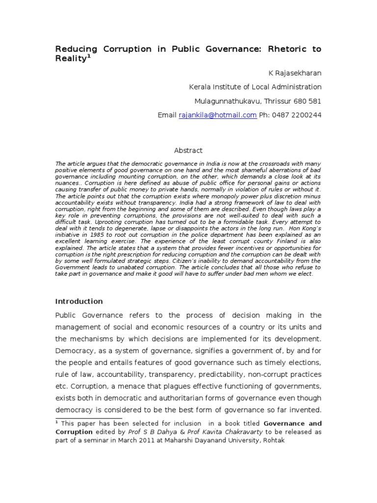Reducing Corruption in Public Governance: Rhetoric To Reality | PDF ...