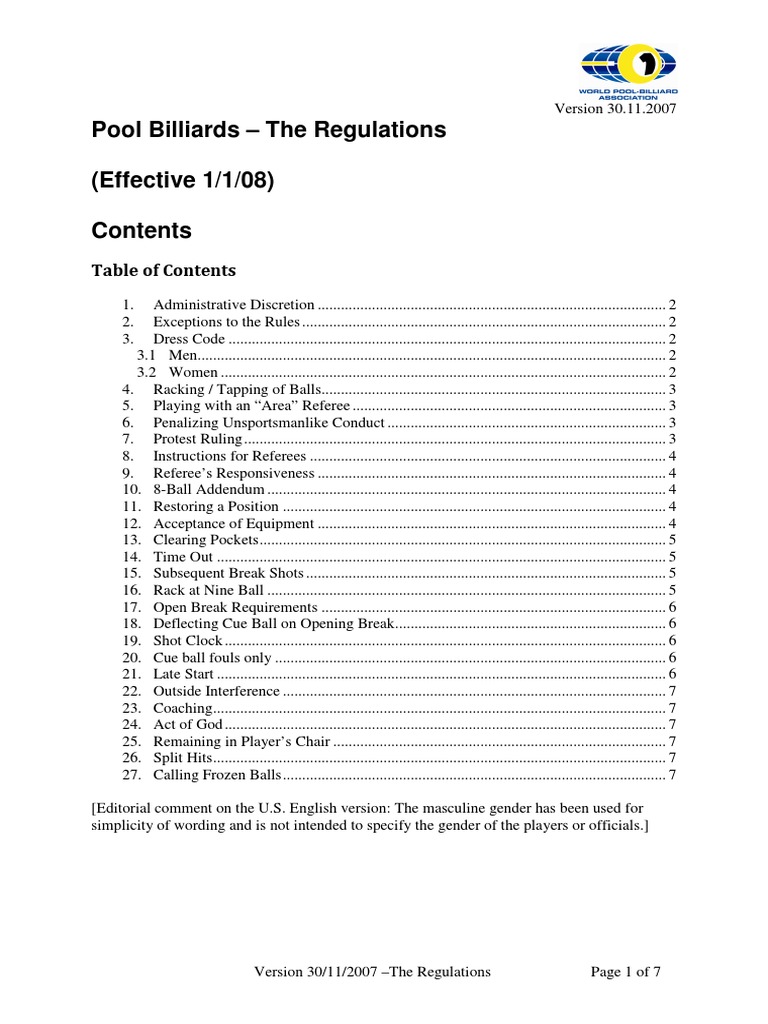 Pool Billiards - The Regulations (Effective 1/1/08) | PDF | Referee ...