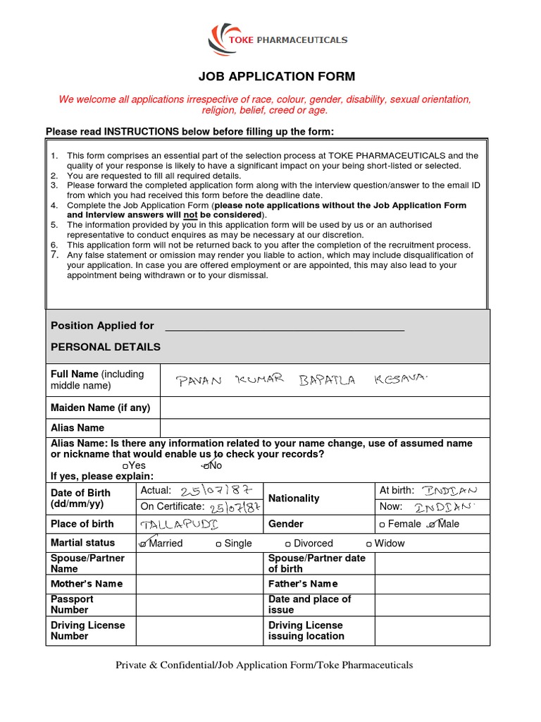 Toke Pharmaceuticals Job Application Form | PDF | Disability | Labour
