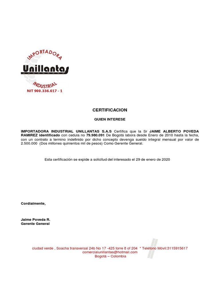 Certificación Laboral de Jaime Poveda | PDF | Derecho