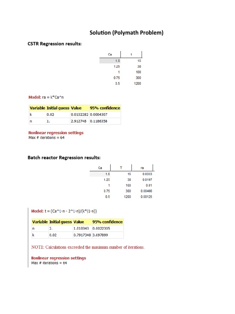 Solution (Polymath Problem) : CSTR Regression Results | PDF