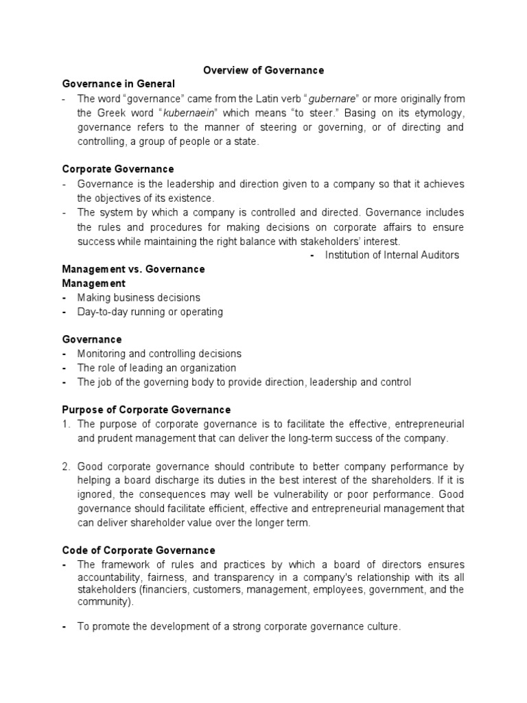 Overview of Governance Governance in General | PDF | Corporate ...