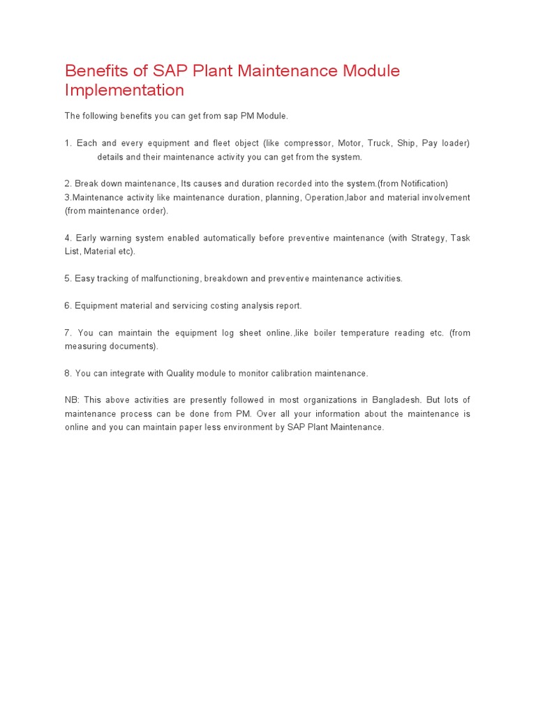 Benefits of SAP PM Implementation | PDF