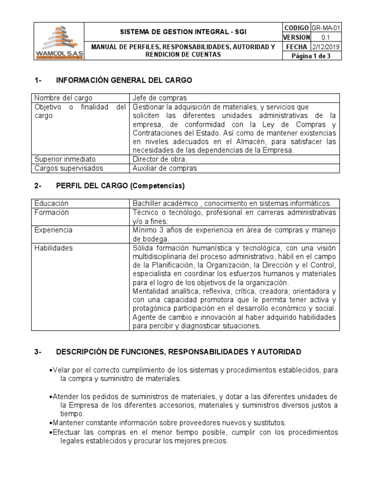 GR-MA-01-Manual de Perfiles y Funciones Jefe de Compras Ok | PDF ...