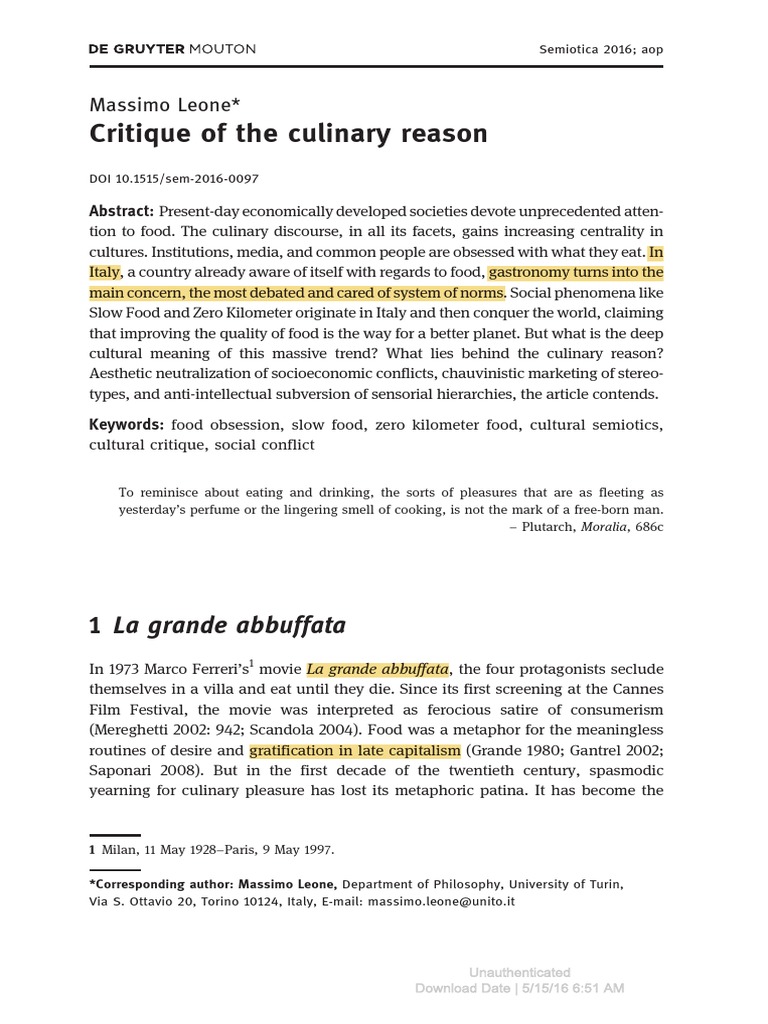 Critique of The Culinary Reason | PDF | Authenticity (Philosophy) | Foods