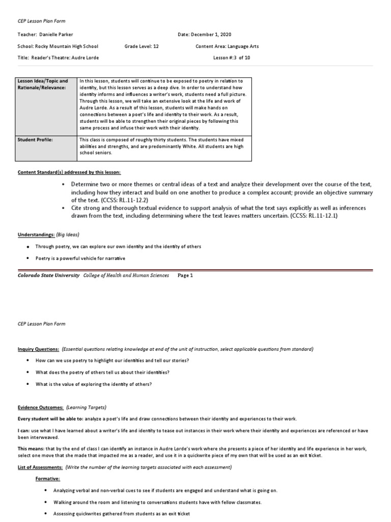 CEP Lesson Plan Form: Lesson Idea/Topic and Rationale/Relevance | PDF ...