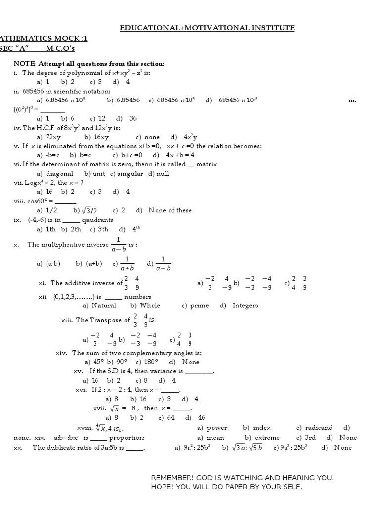 Educational+Motivational Institute Mathematics Mock:1 Sec "A" M.C.Q'S ...