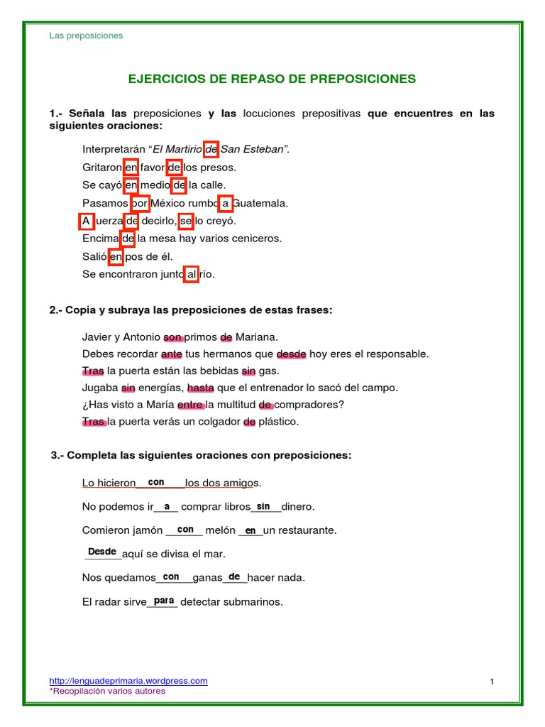 Ejercicios De Repaso De Preposiciones