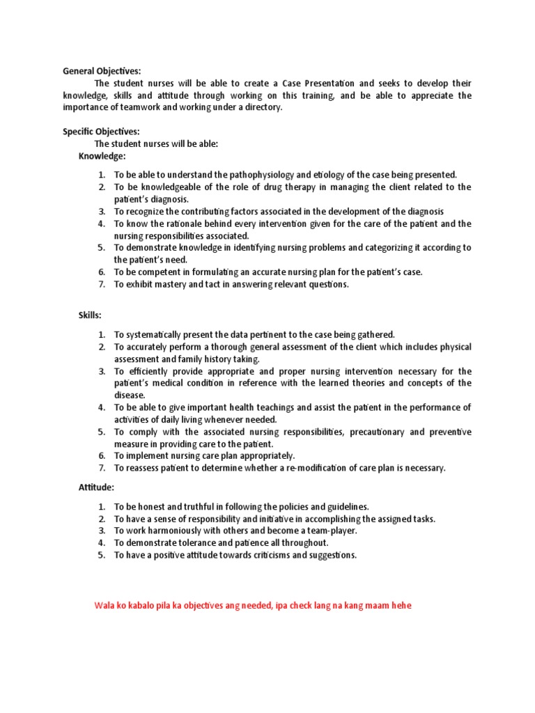 Nursing Objectives for Case Presentation | PDF | Nursing | Patient