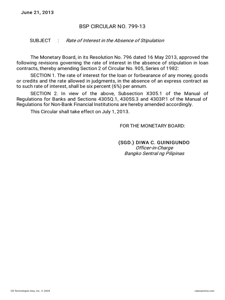 BSP Circular No. 799 (2013) | PDF