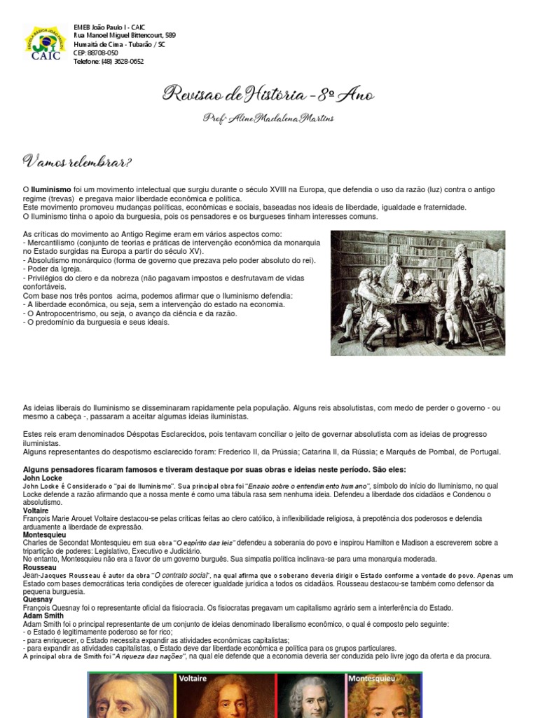 1 Semana Apostila de Revisão EAD Com Atividades 8 Ano Caic | PDF | Iluminismo | Jean-Jacques ...