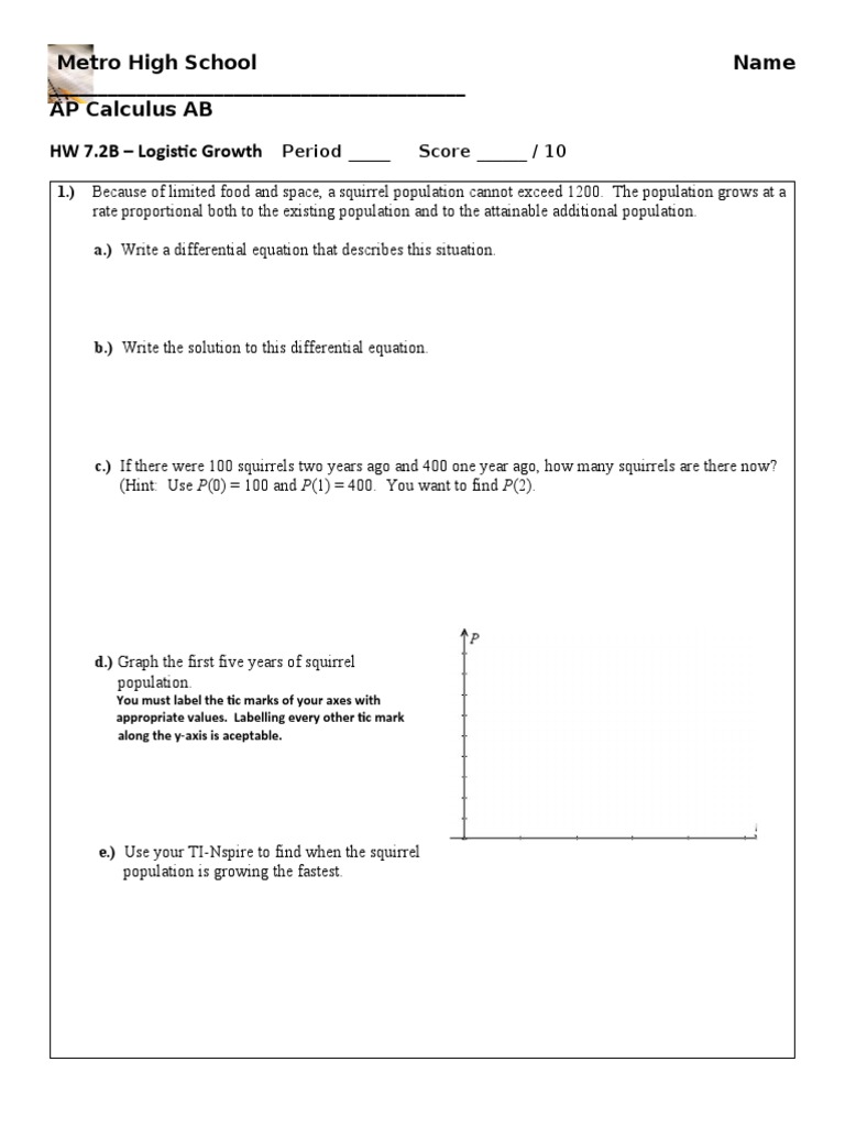 Hw 7 3b Differential Equations Logistic Growth Pdf Equations