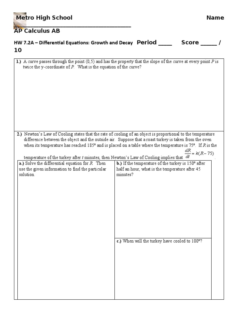 AP Calculus AB: Growth & Decay DEQ Homework | PDF | Differential ...