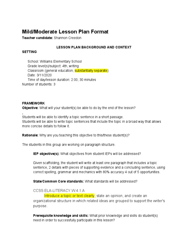 Mild/Moderate Lesson Plan Format: Ccss - Ela-Literacy.W.4.1.A | PDF ...