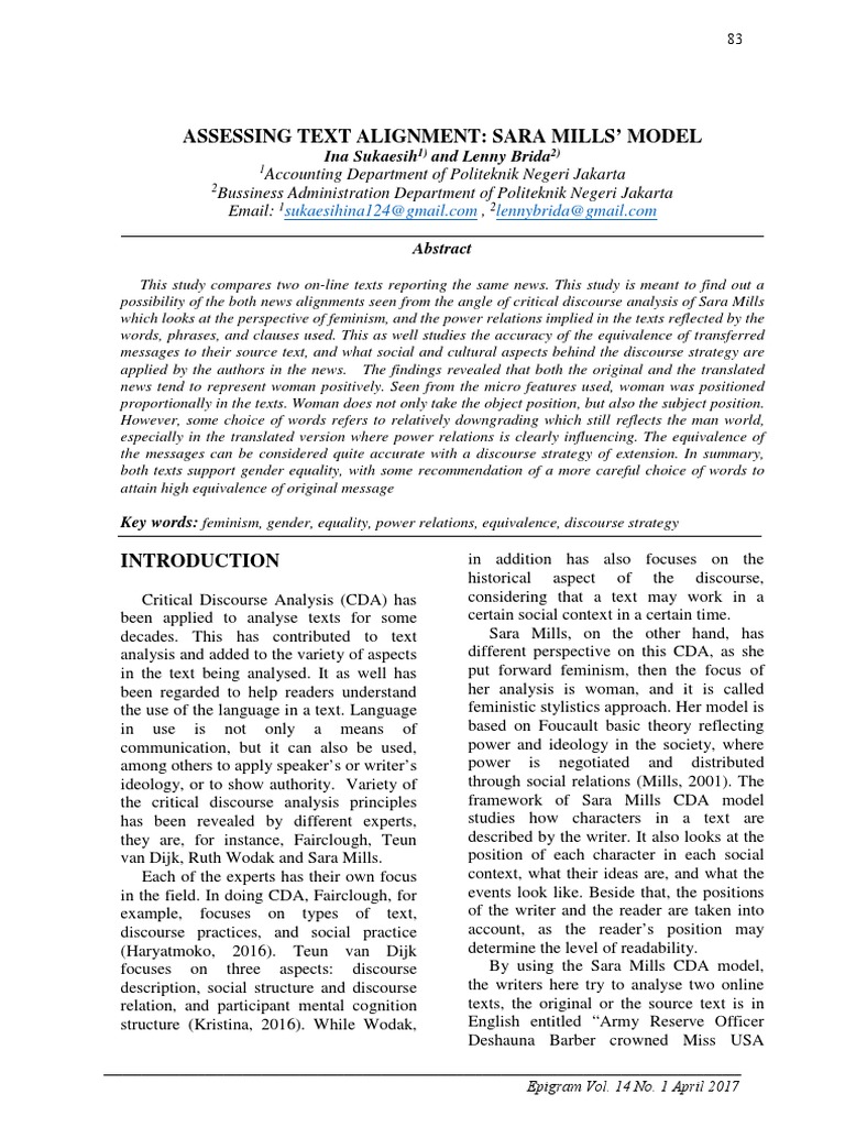 Assessing Text Alignment: Sara Mills' Model: Ina Sukaesih and Lenny ...