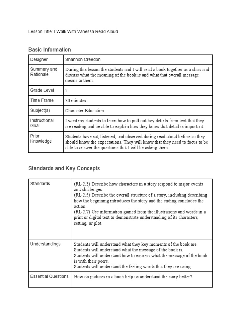 I Walk With Vanessa Lesson Plan | PDF | Question | Educational Assessment