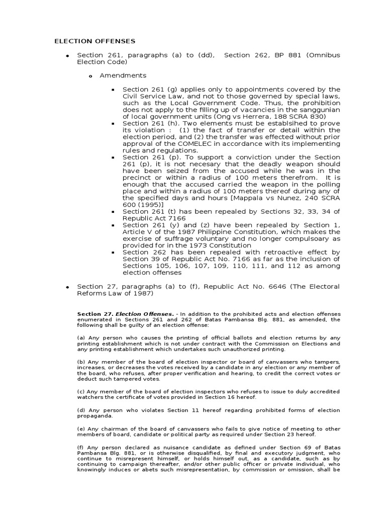Election Offenses: Section 27. Election Offenses. - in Addition To The ...