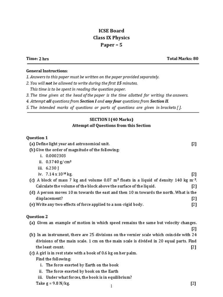 ICSE Class 9 Physics Exam Paper with Questions on Light, Motion, Sound ...