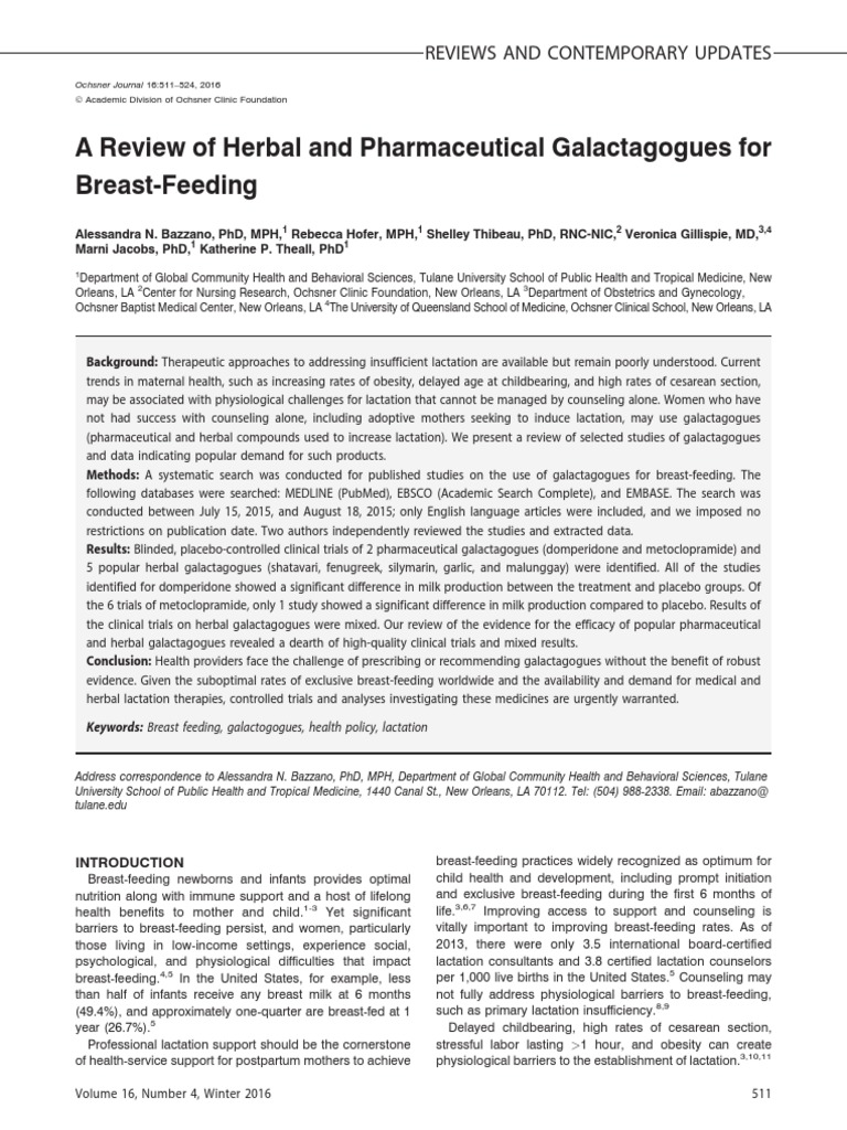 Review Galactagogos 2016 | PDF | Breastfeeding | Placebo Controlled Study