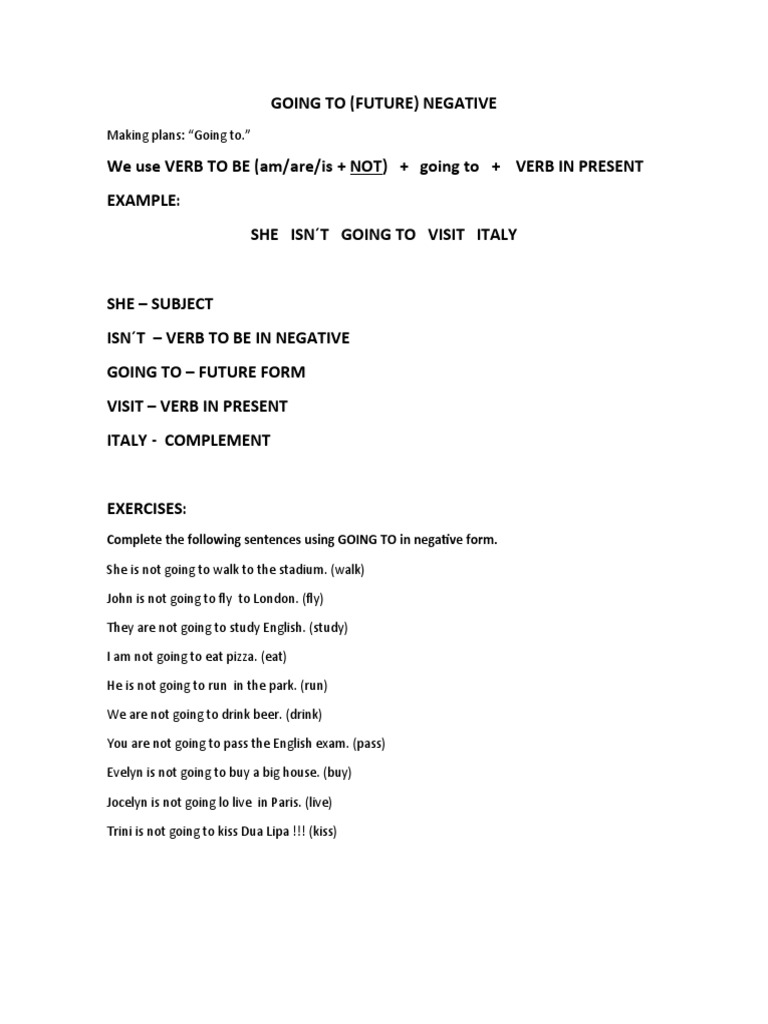 Complete The Following Sentences Using GOING TO in Negative Form | PDF