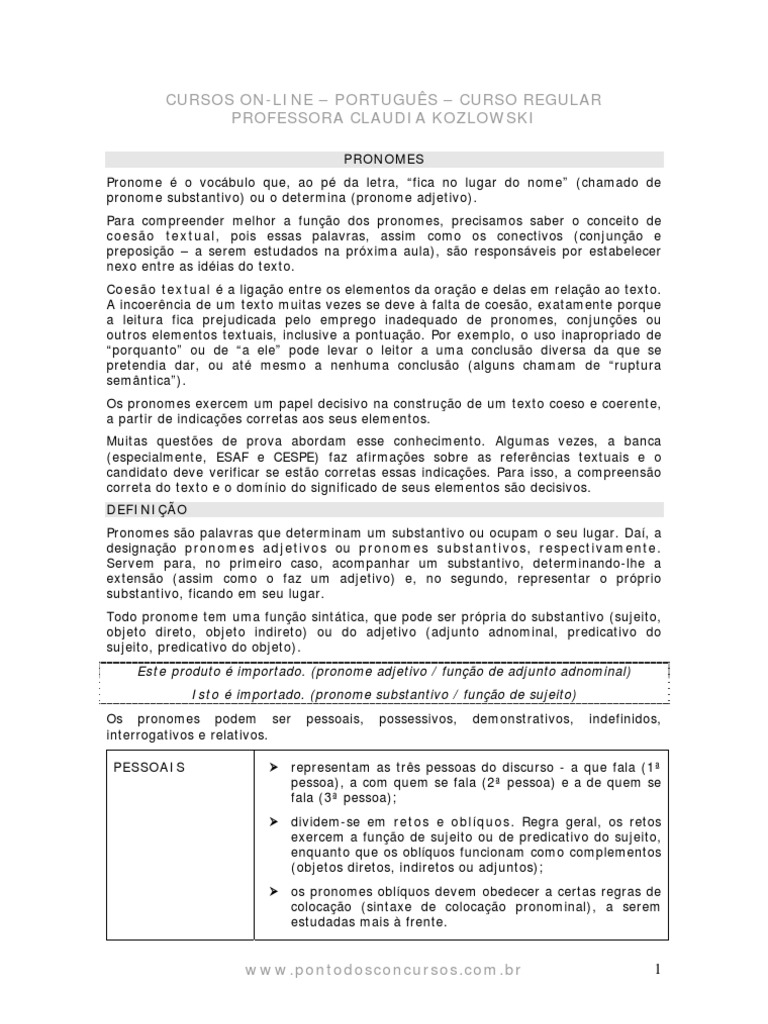 Aula7 Pronomes 1534 | PDF | Pronome | Assunto (gramática)