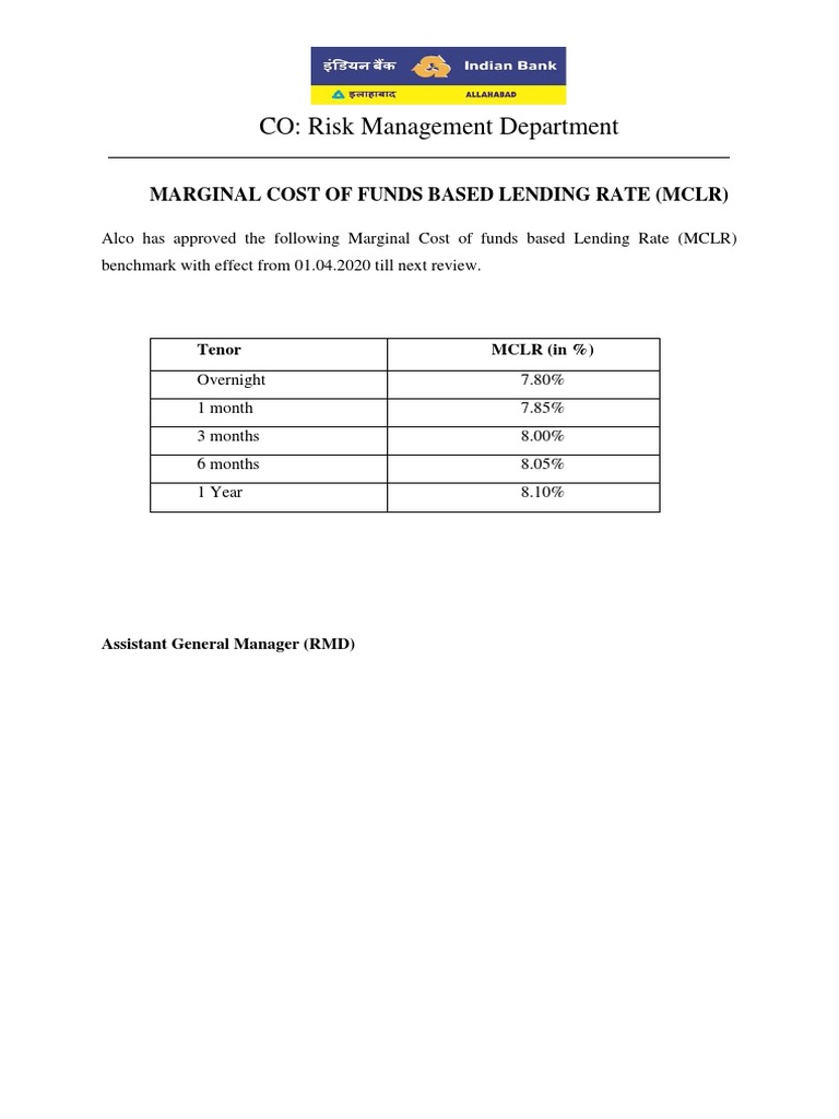 CO: Risk Management Department: Marginal Cost of Funds Based Lending ...