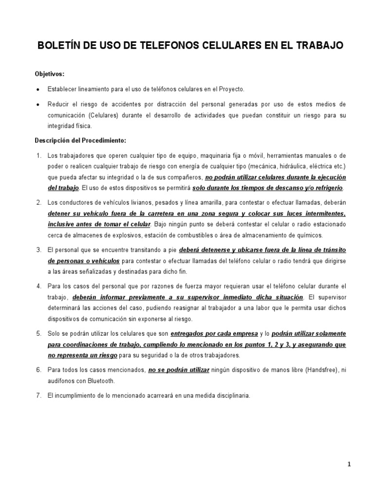 Boletín de Uso de Telefonos Celulares en El Trabajo | PDF | Teléfonos ...