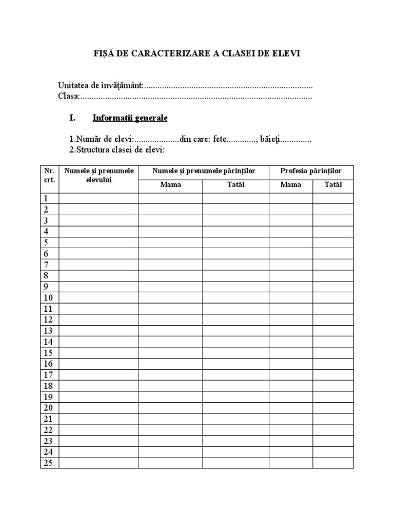11.fisa Caracterizare A Clasei de Elevi Primar | PDF