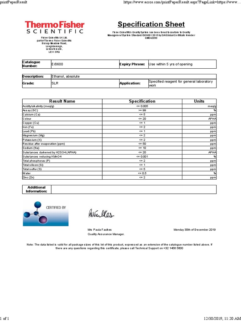 Specification Sheet: Result Name Specification Units | PDF | Zinc | Atoms