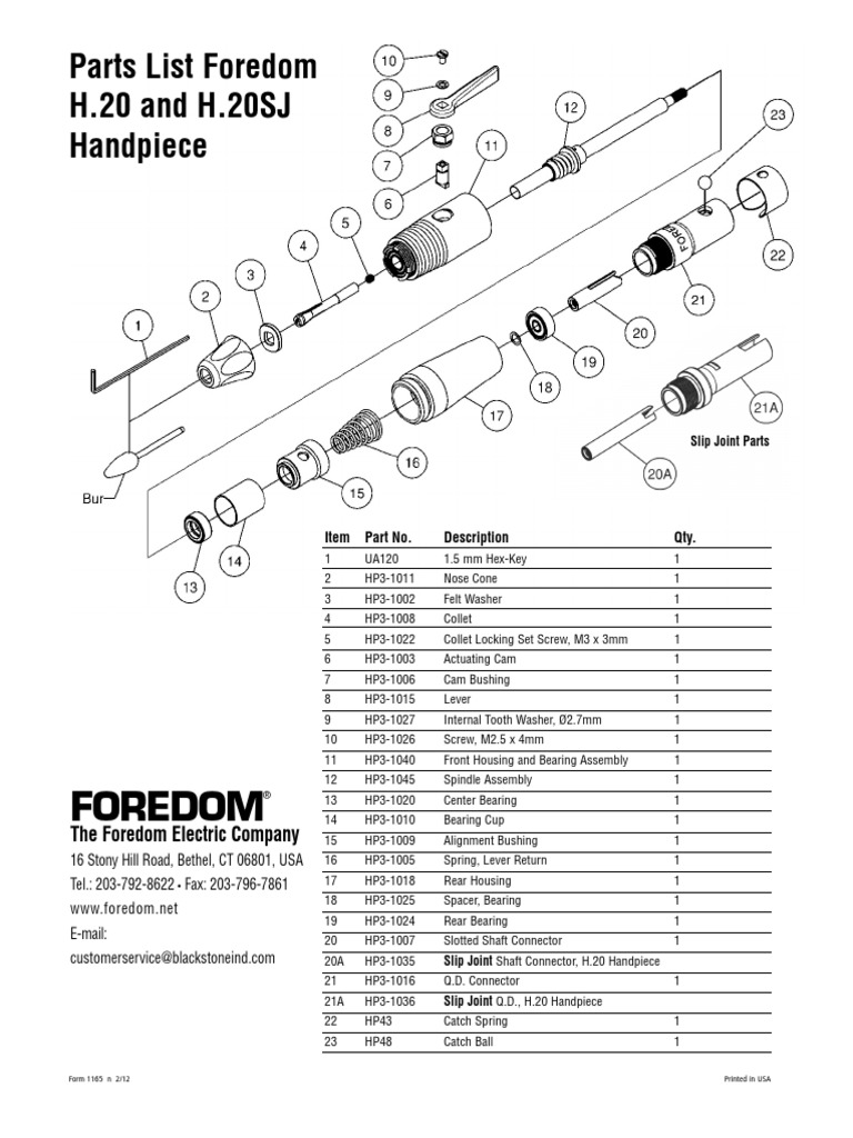 Foredom: Parts List Foredom H.20 and H.20SJ Handpiece | Download Free ...