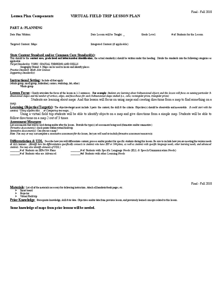 Lesson Plan Components Virtual Field Trip Lesson Plan: Part A: Planning ...