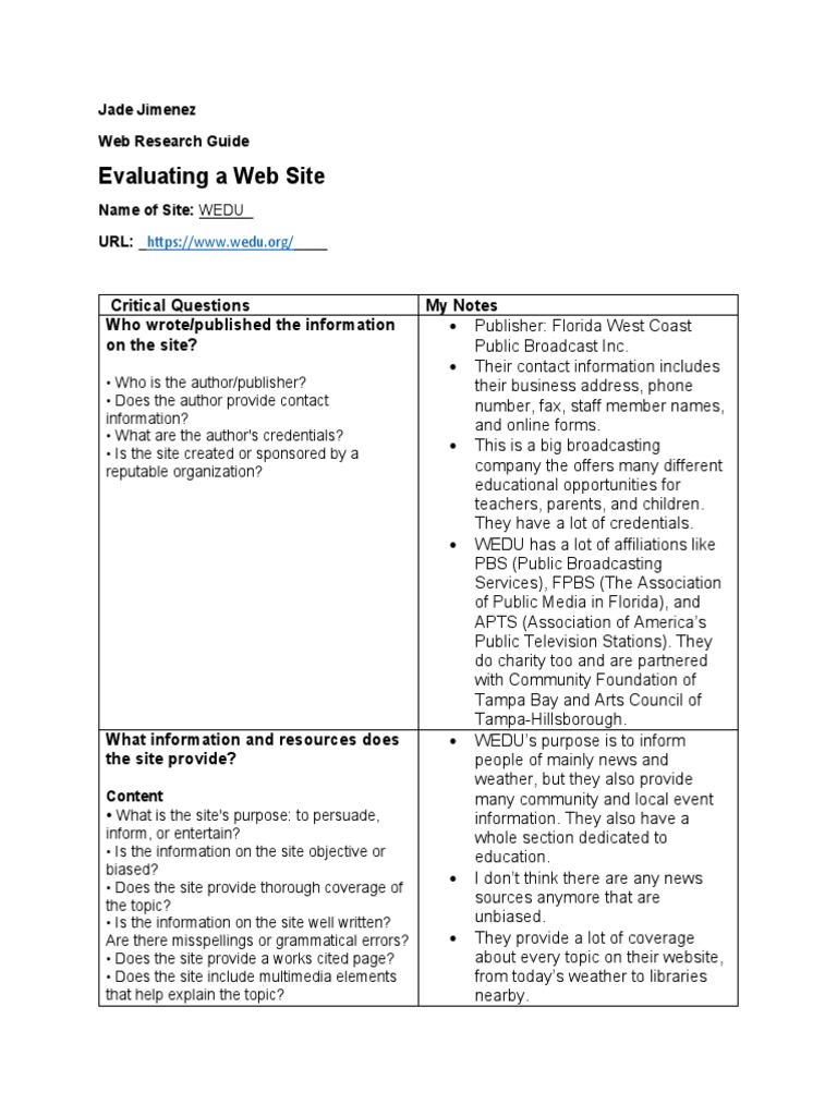 Activity Template - Evaluating Website | PDF | Public Broadcasting ...