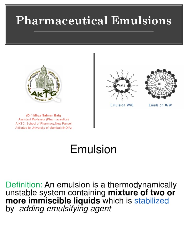 Pharmaceutical Emulsions: (DR.) Mirza Salman Baig | PDF | Emulsion ...