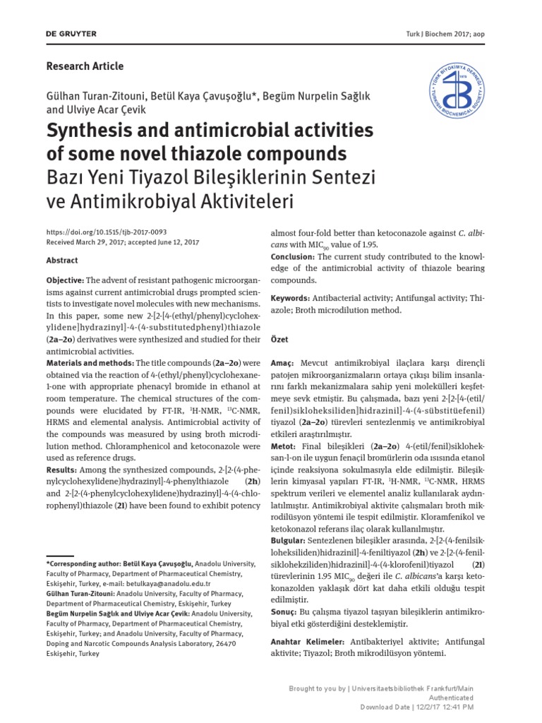Synthesis and Antimicrobial Activities of Some Novel Thiazole Compounds | PDF | Physical ...