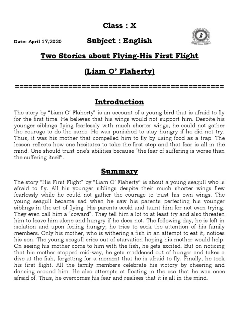 Class: X Subject: English Two Stories About Flying-His First Flight ...