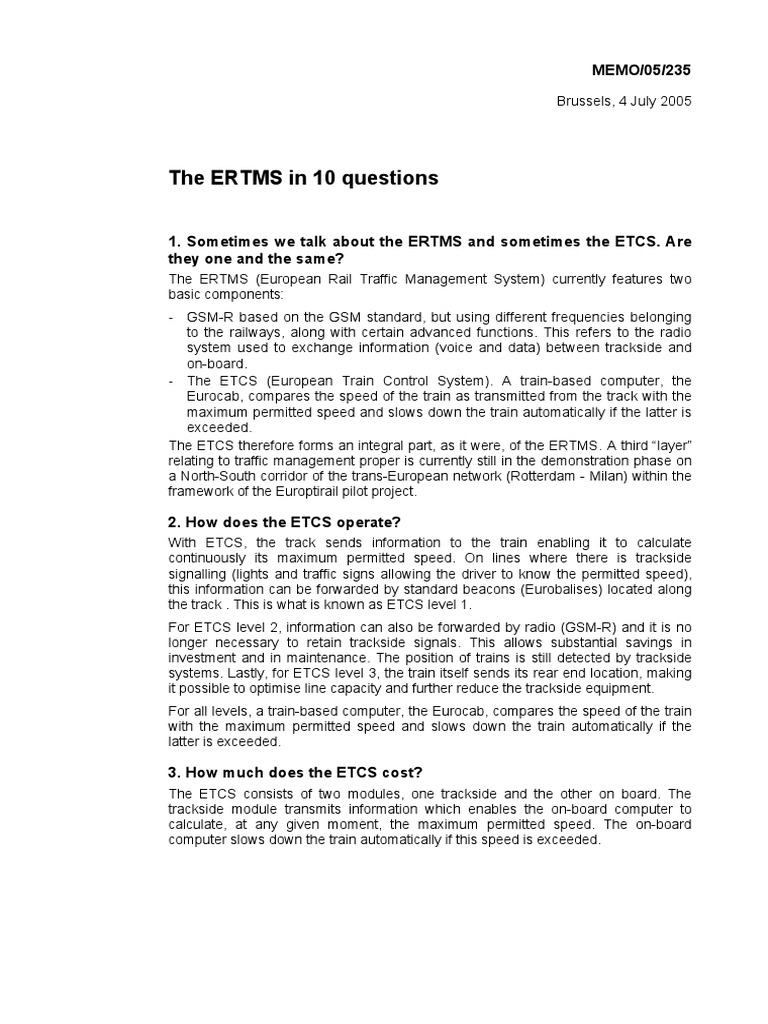 ERTMS in 10 Questions | PDF | Transport | Computing And Information ...