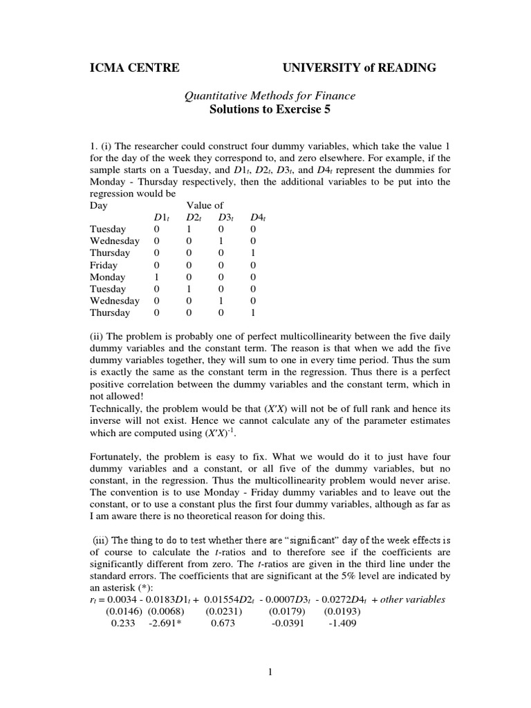 Icma Centre University of Reading: Quantitative Methods For Finance | PDF | Multicollinearity ...