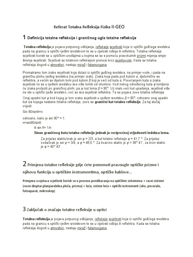 Referat Totalna Refleksija Fizika II | PDF