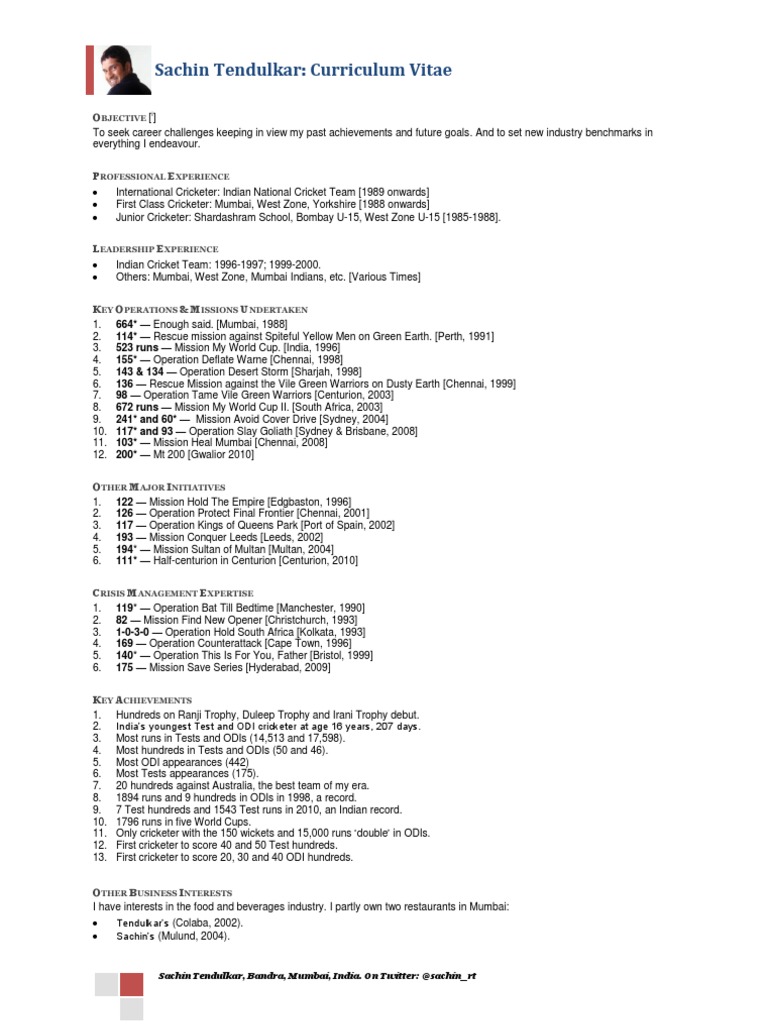 Sachin Tendulkar CV - Updated Dec 21, 2010 | PDF